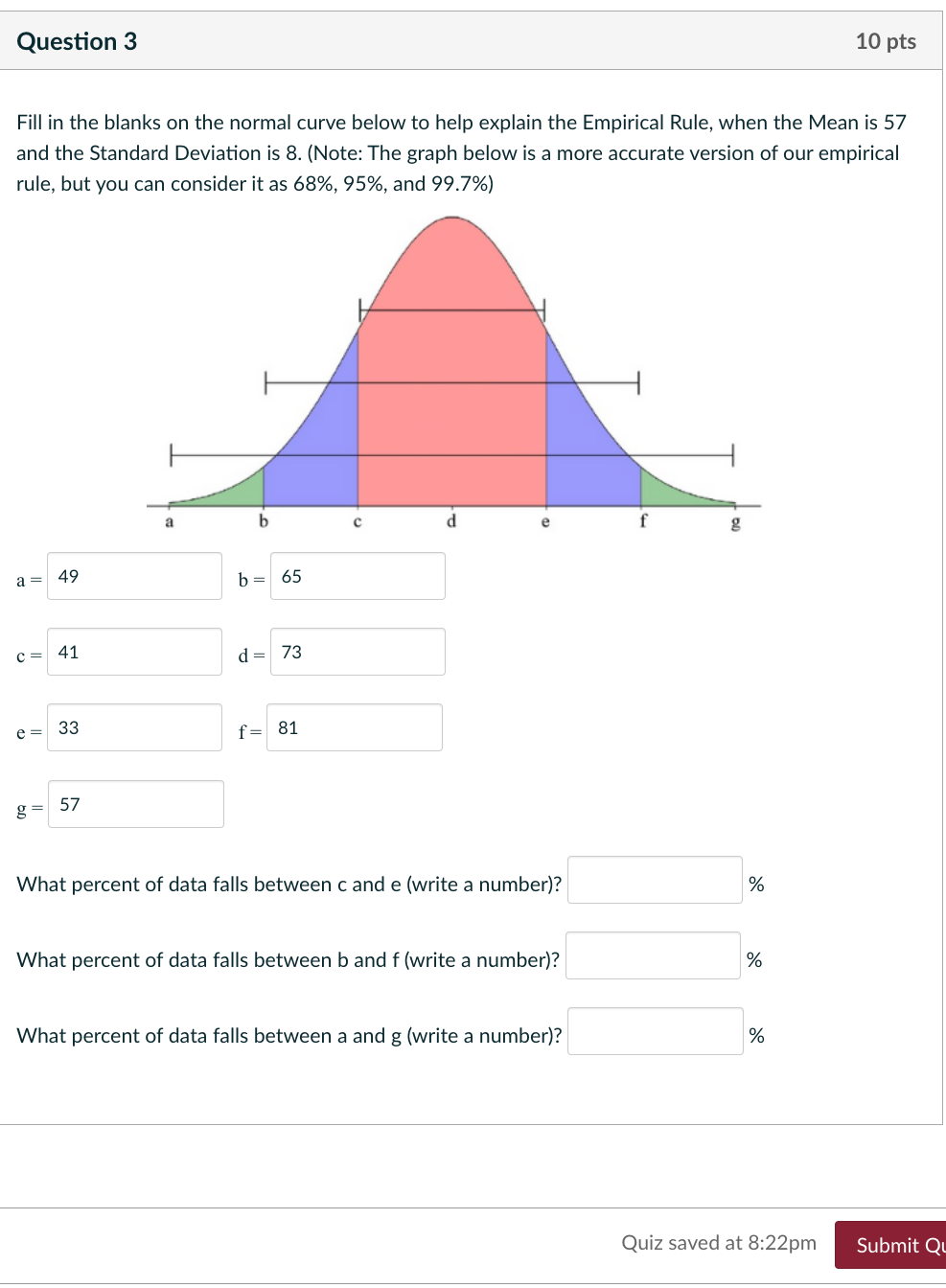 SOLVED: Question 3 10 pts Fill in the blanks on the normal curve below ...