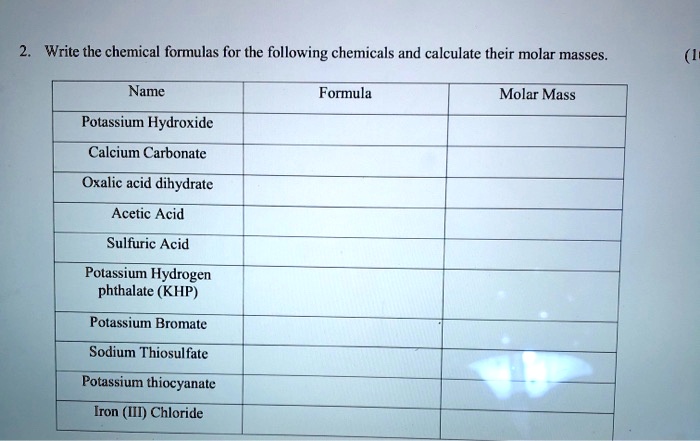 write the chemical formulas for the following chemicals and calculate their molar masses name ...
