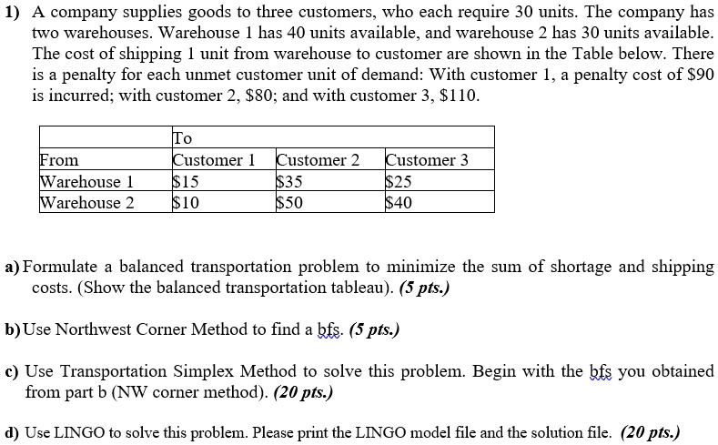 a company supplies goods to three customers who each require 30 uits ...