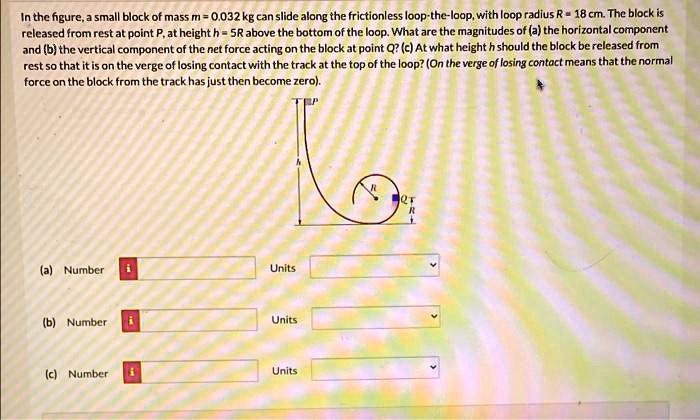SOLVED: In the figure, a small block of mass m = 0.032 kg can slide along the frictionless loop ...