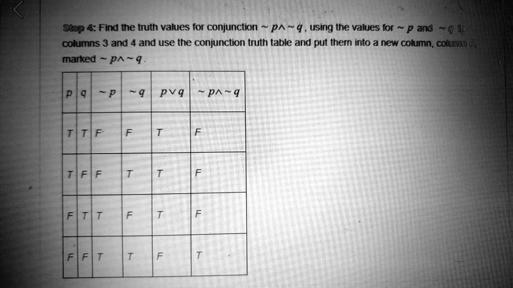 step 4 find the truth values for conjunction p using the values for p ...