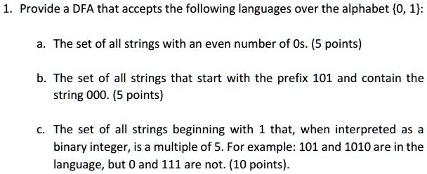 SOLVED: Provide a DFA that accepts the following languages over the alphabet 0,1 a. The set of ...