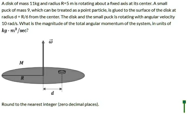SOLVED: A disk of mass 11 kg and radius R = 5 m is rotating about a ...