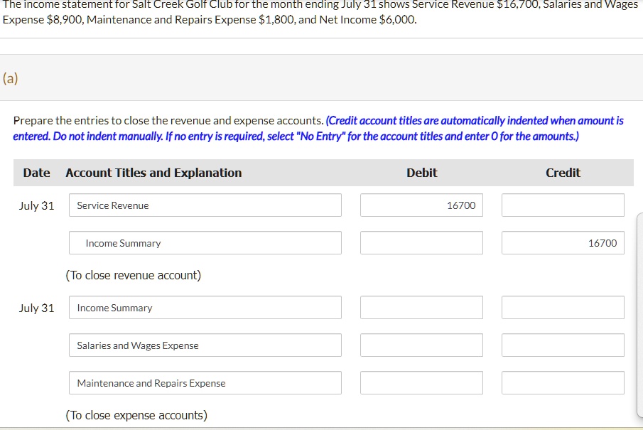 The income statement for Salt Creek Golf Club for the month ending July ...