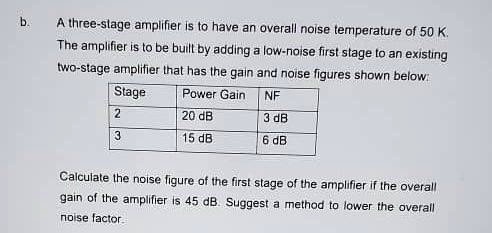 SOLVED: A three-stage amplifier is to have an overall noise temperature of 50 K. The amplifier ...