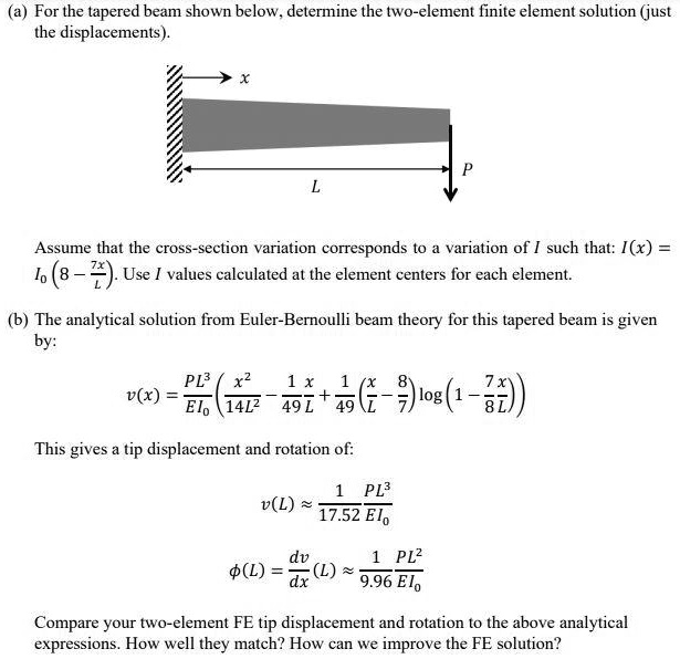 (a) For the tapered beam shown below, determine the two-element finite element solution (just ...