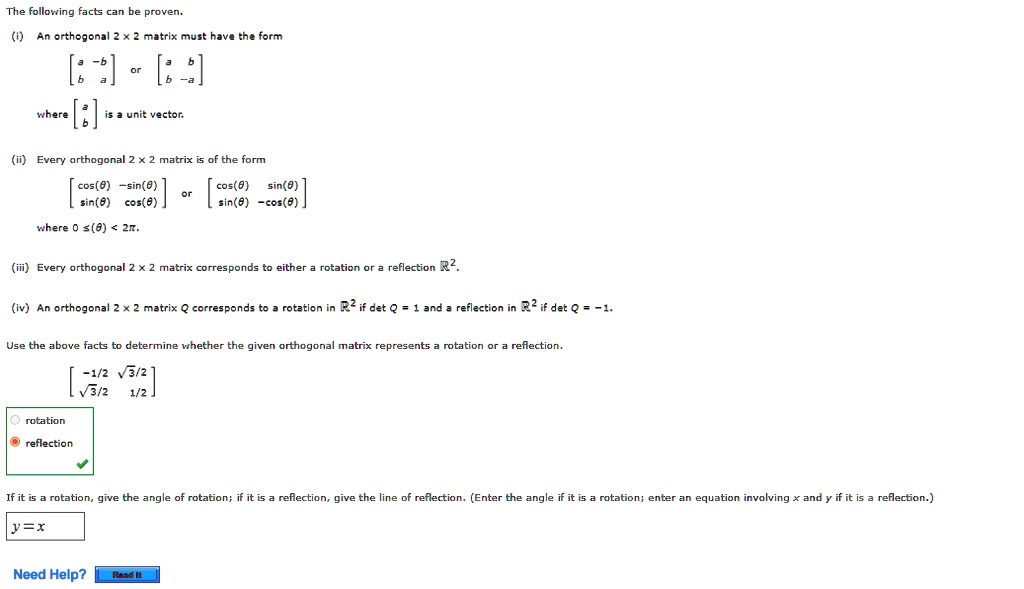 SOLVED: The following facts can be proven. (i) An orthogonal 2 2 matrix must have the form [-5]o ...