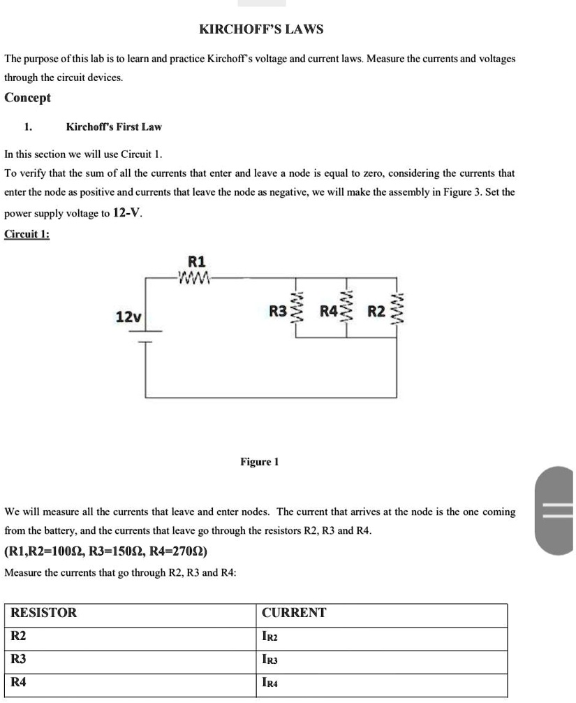 SOLVED: KIRCHHOFF'S LAWS The purpose of this lab is to learn and practice Kirchhoff's voltage ...