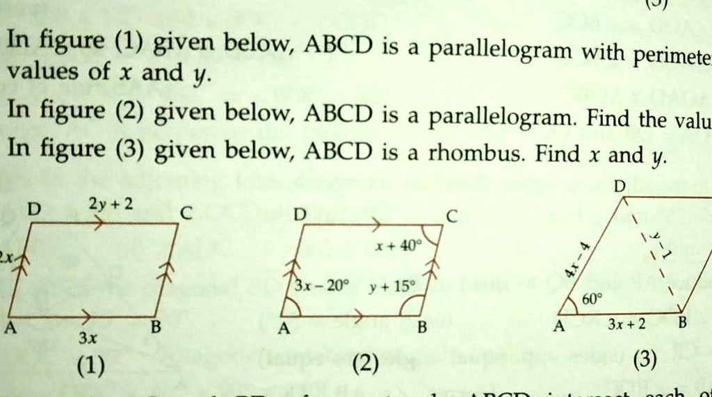 SOLVED: (a) In figure (1) given below, ABCD is a parallelogram with perimeter 40. Find values of ...