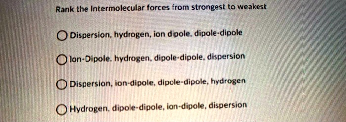 Rank the intermolecular forces from strongest to weakest...