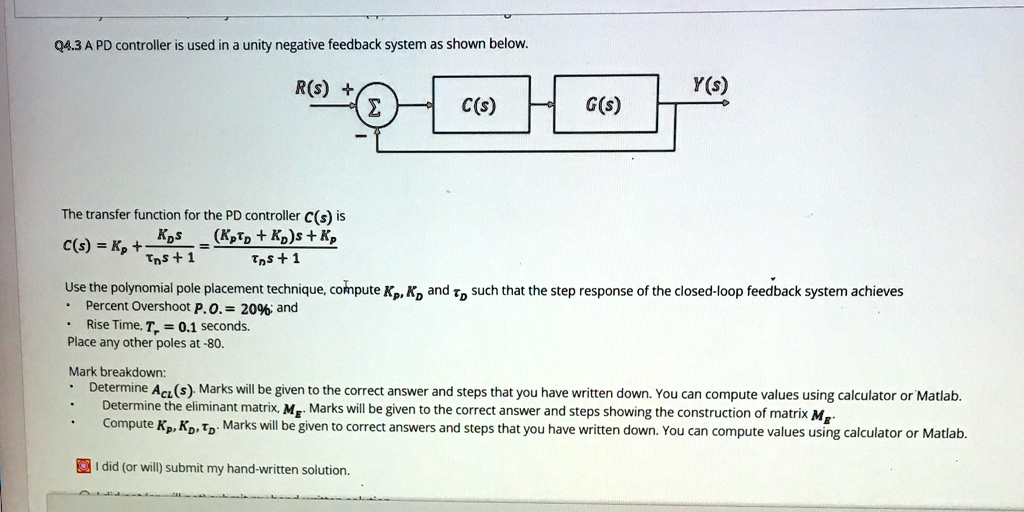 SOLVED: Q4.3A PD controller is used in a unity negative feedback system ...