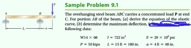 SOLVED: The overhanging steel beam ABC carries a concentrated load P at end C. For portion AB of ...