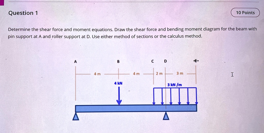 question 1 10 points determine the shear force and moment equations draw the shear force and ...