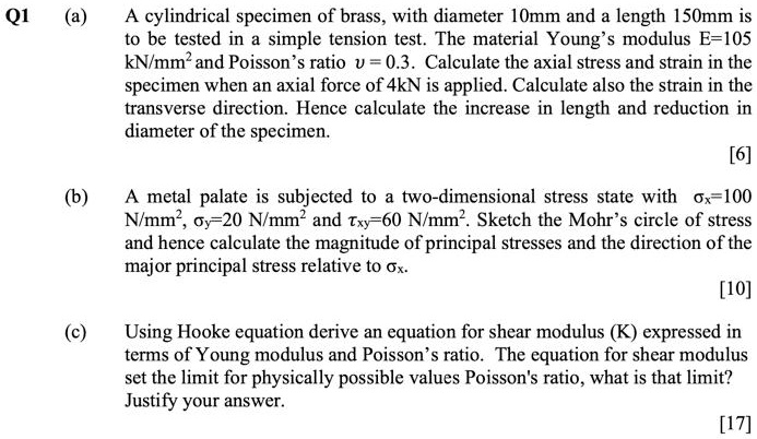 SOLVED: Q1 (a) A cylindrical specimen of brass with a diameter of 10mm ...