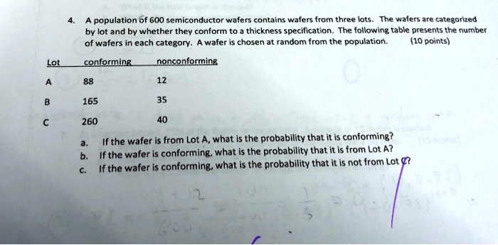 SOLVED: The population of 600 semiconductor wafers contains wafers from three lots. The wafers ...