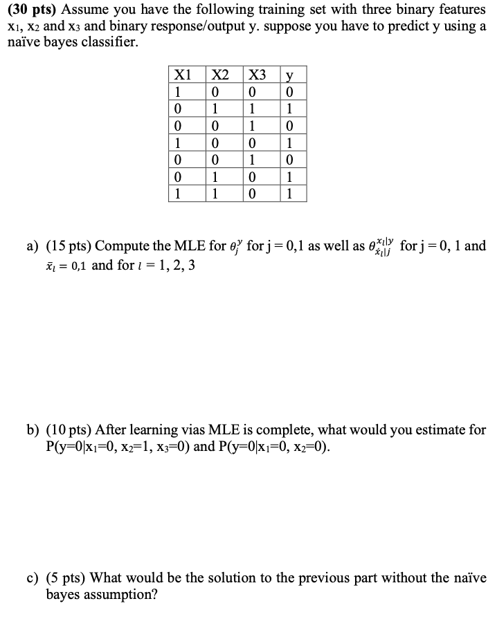 (30 pts) Assume you have the following training set with three binary ...