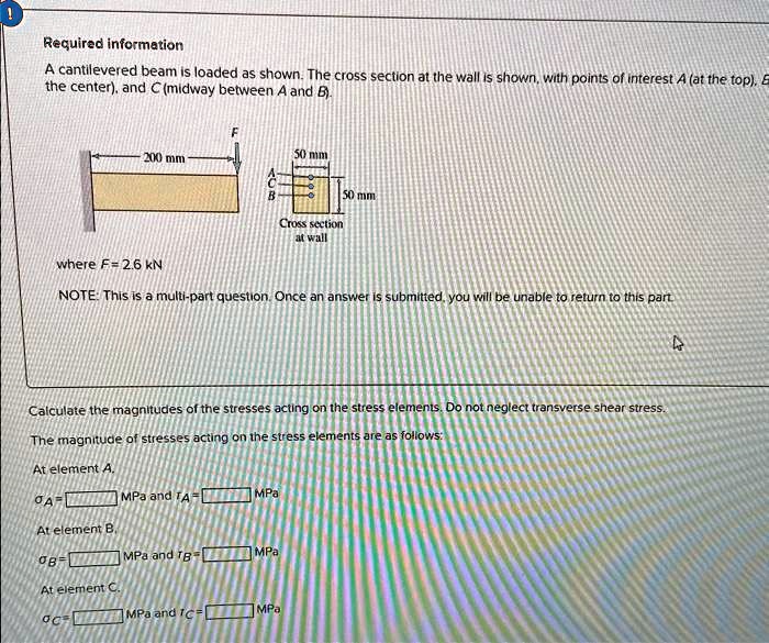 Required information A cantilevered beam is loaded as shown. The cross section at the wall is ...