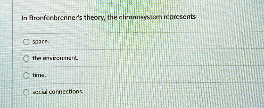 In Bronfenbrenner's theory, the chronosystem represents space. the ...
