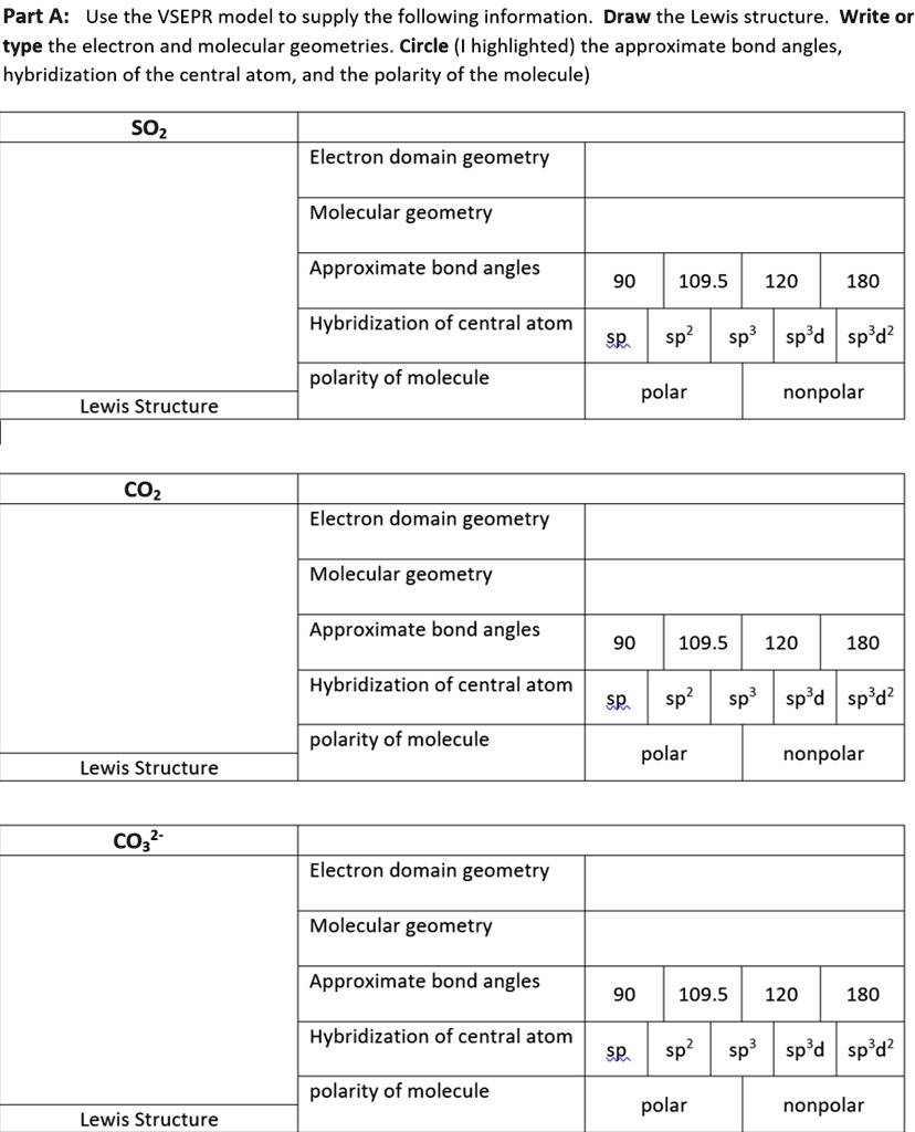 SOLVED: Part A: Use the VSEPR model to supply the following information ...