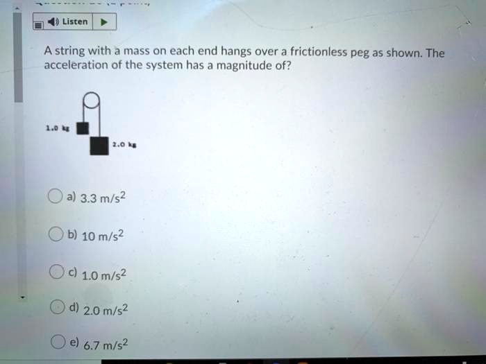 Listen A string with a mass on each end hangs over a frictionless peg ...