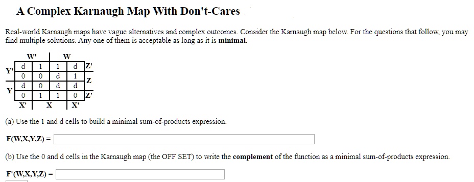 SOLVED: A Complex Karnaugh Map With Don't-Cares Real-world Karnaugh maps have various ...