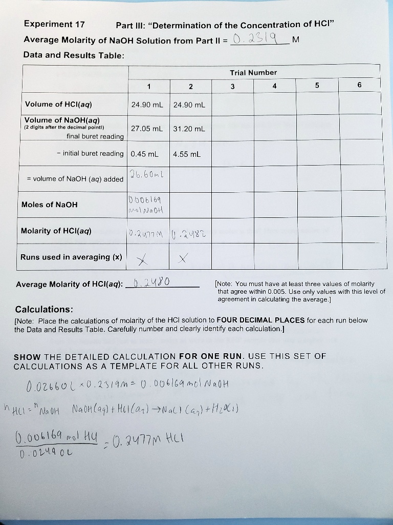 SOLVED: Experiment 17 Part IlI: "Determination of the Concentration of HCI' Average Molarity of ...
