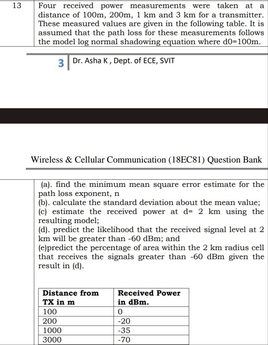 SOLVED: 13 Four received power measurements were taken at a distance of 100 m, 200 m, 1 km and 3 ...