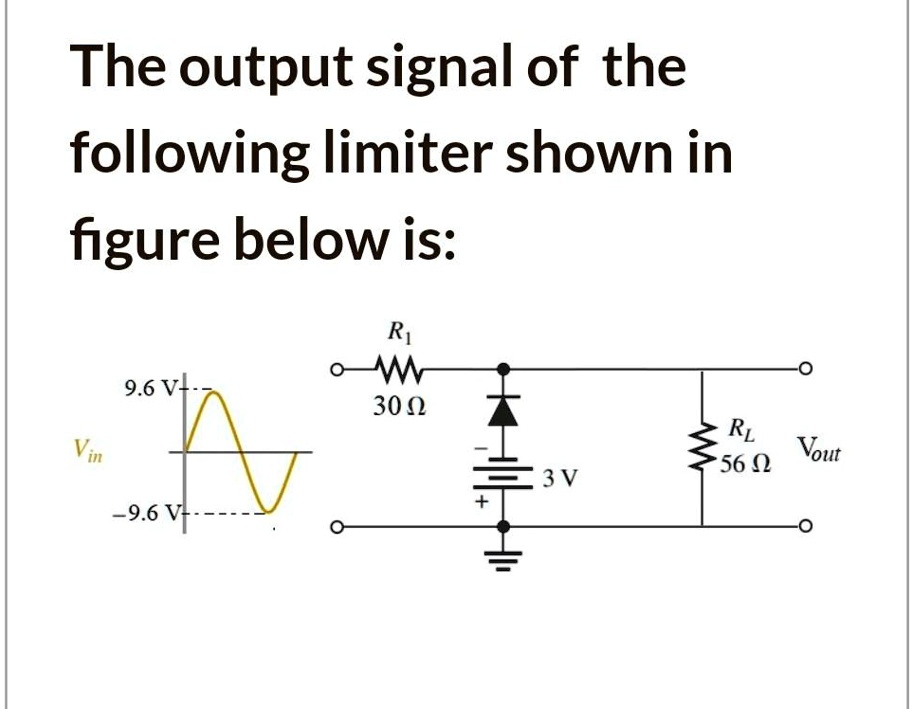 SOLVED: The output signal of the following limiter shown in figure below is: R 30 RL 56 Vin 3V