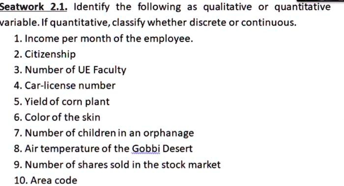 seatwork 21 identify the following as qualitative or quantitative variable if quantitative ...