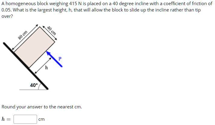 SOLVED: A homogeneous block weighing 415 N is placed on a 40 degree ...