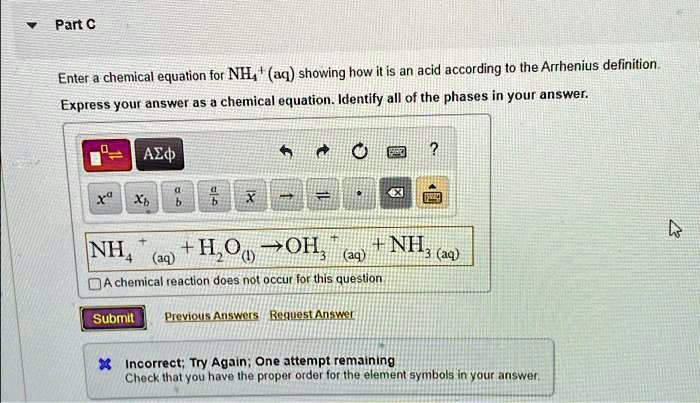 Enter a chemical equation for NH4OH showing how it is an acid according ...