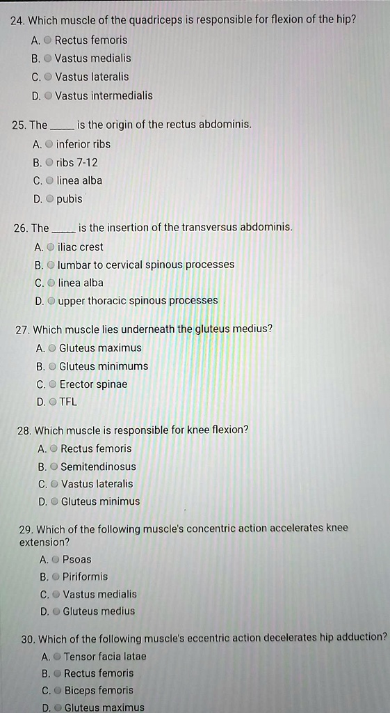 SOLVED: 24. Which muscle of the quadriceps is responsible for flexion ...