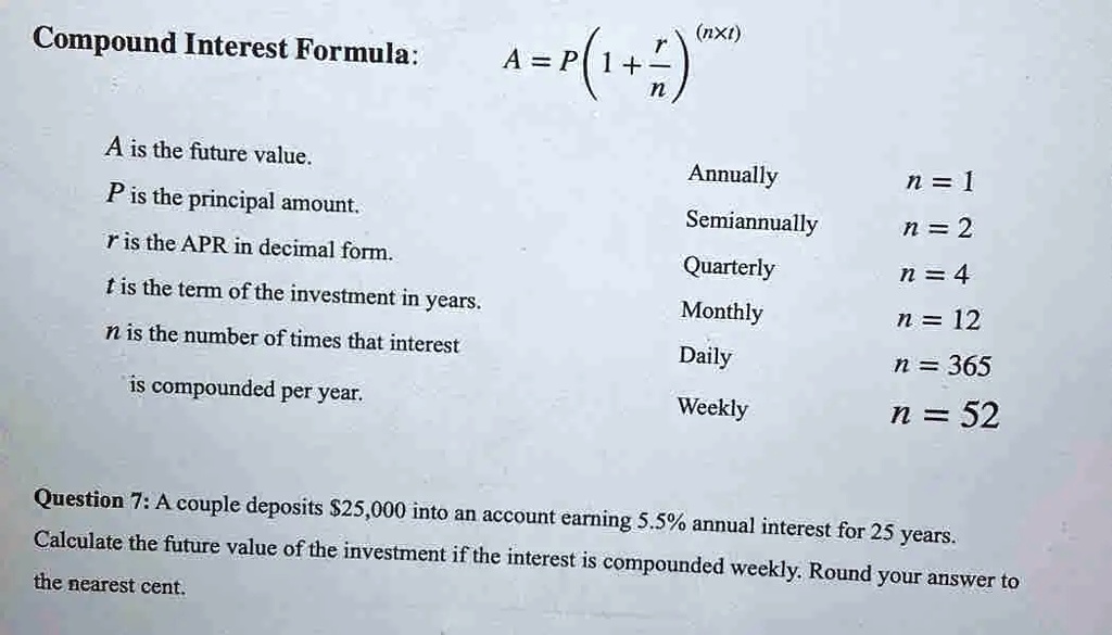 SOLVED: Compound Interest Formula: (nxt) A =P (1+2) A is the future ...