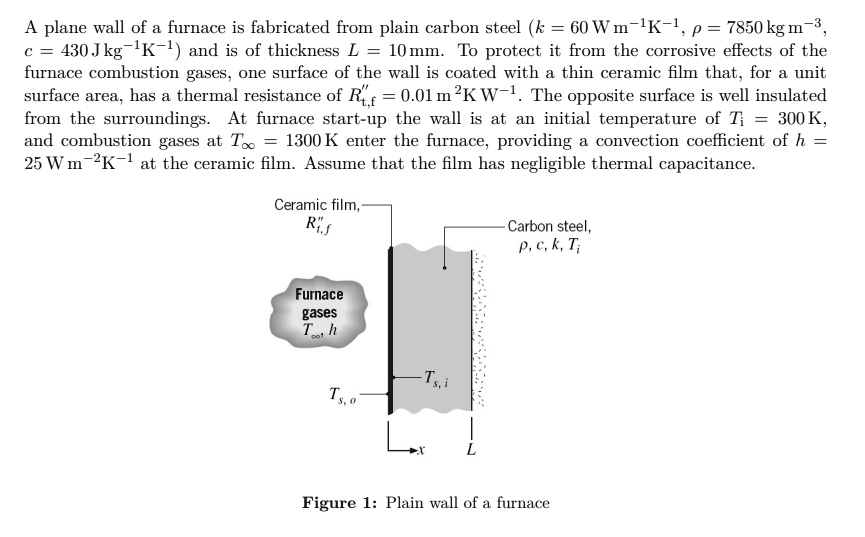 A plane wall of a furnace is fabricated from plain carbon steel (k = 60W m−1K−1 , ρ = 7850 kg m− ...