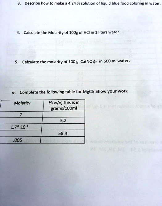 SOLVED: Describe how tO make 4.24 solution of liquid blue food coloring " water. Calculate the ...