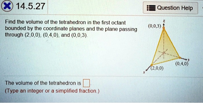 SOLVED:14.5.27 Question Help Find the volume of the tetrahedron in the ...