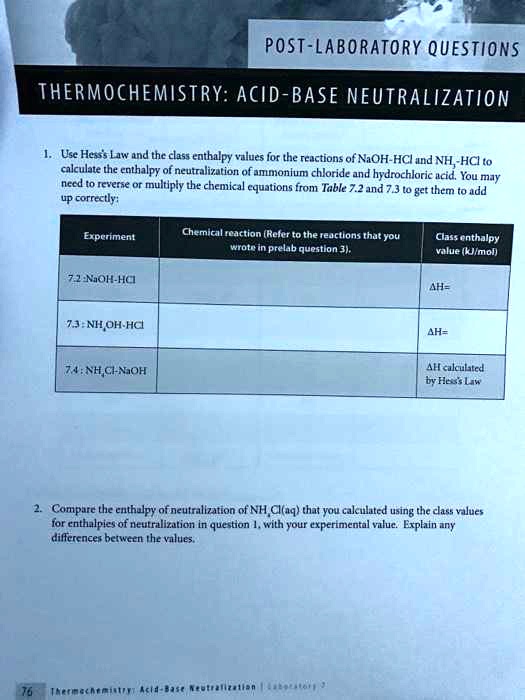 POST-LABORATORY QUESTIONS THERMOCHEMISTRY: ACID-BASE NEUTRALIZATION 1 ...