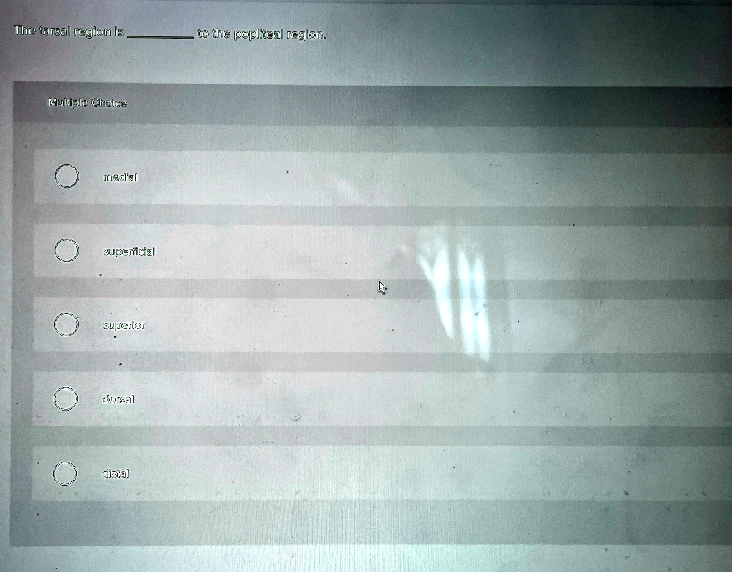 The tarsal region is to the popliteal region. Multiple Choice medial ...