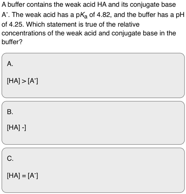 SOLVED: A buffer contains the weak acid HA and its conjugate base A-. The weak acid has a pKa of ...