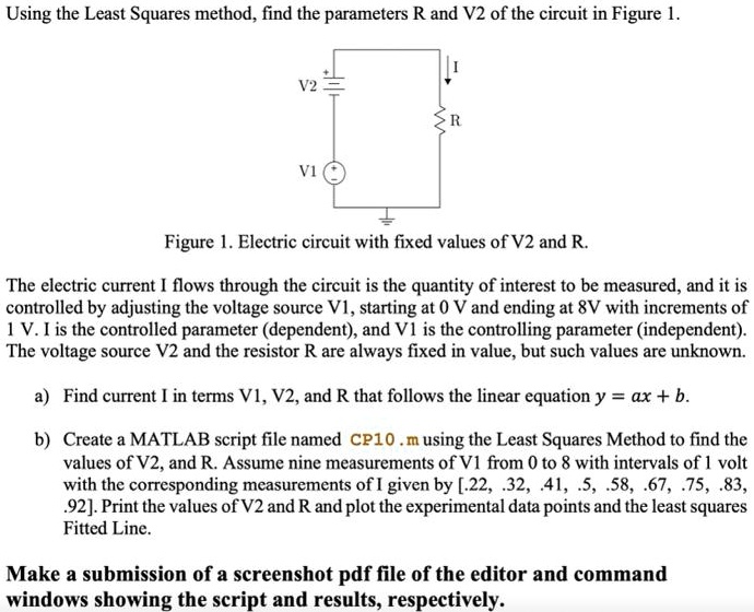 SOLVED: Using the Least Squares method, find the parameters R and V2 of the circuit in Figure 1 ...