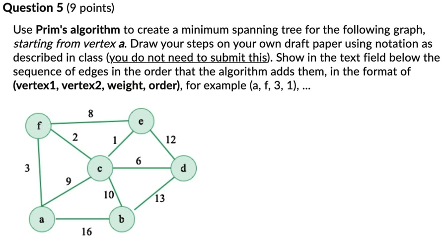 SOLVED: Use Prim's algorithm to create a minimum spanning tree for the following graph, starting ...