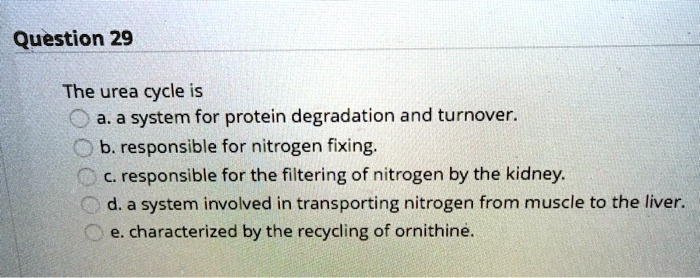 SOLVED: Question 29 The urea cycle is a.a System for protein ...