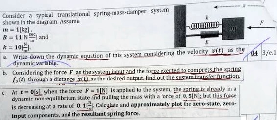 SOLVED: Consider a typical translational spring-mass-damper system ...