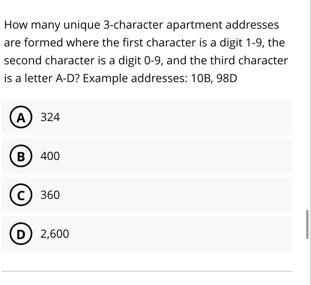 How many unique 3-character apartment addresses are formed where the ...