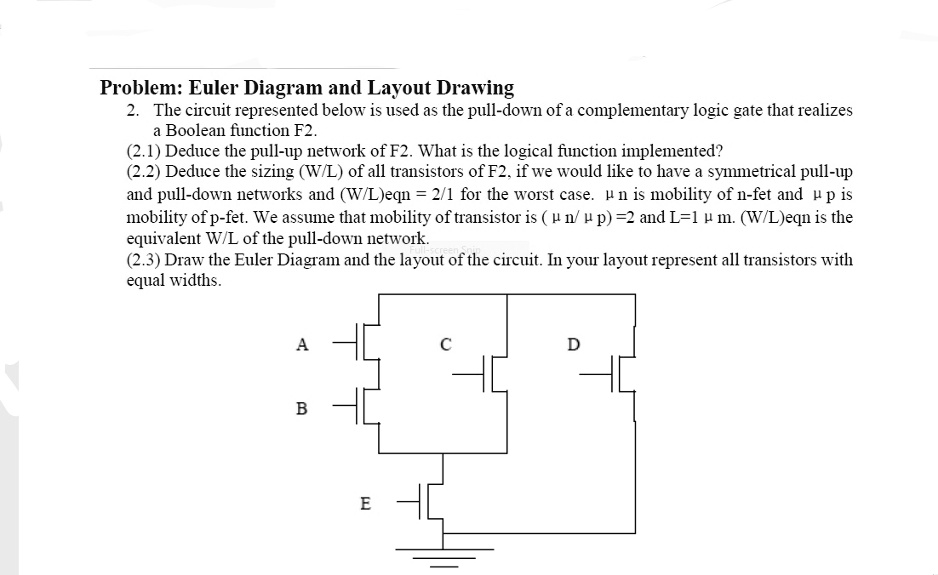 SOLVED: Problem: Euler Diagram and Layout Drawing 2. The circuit represented below is used as ...