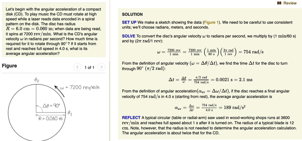 SOLVED: Review Let's begin with the angular acceleration of compact disk (CD): To play music the ...