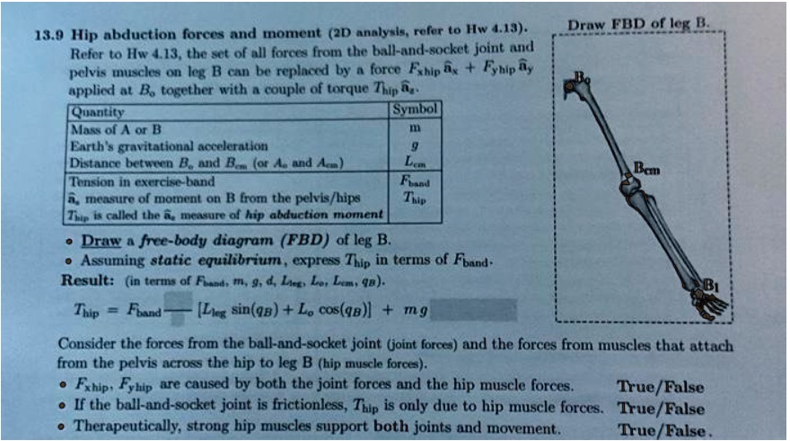 SOLVED: 13.9 Hip abduction forces and moment (2D analysis, refer to Hw 4.13). Refer to Hw 4.13 ...