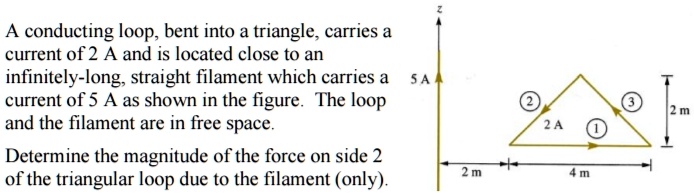 SOLVED: A conducting loop, bent into a triangle, carries a current of 2 A and is located close ...