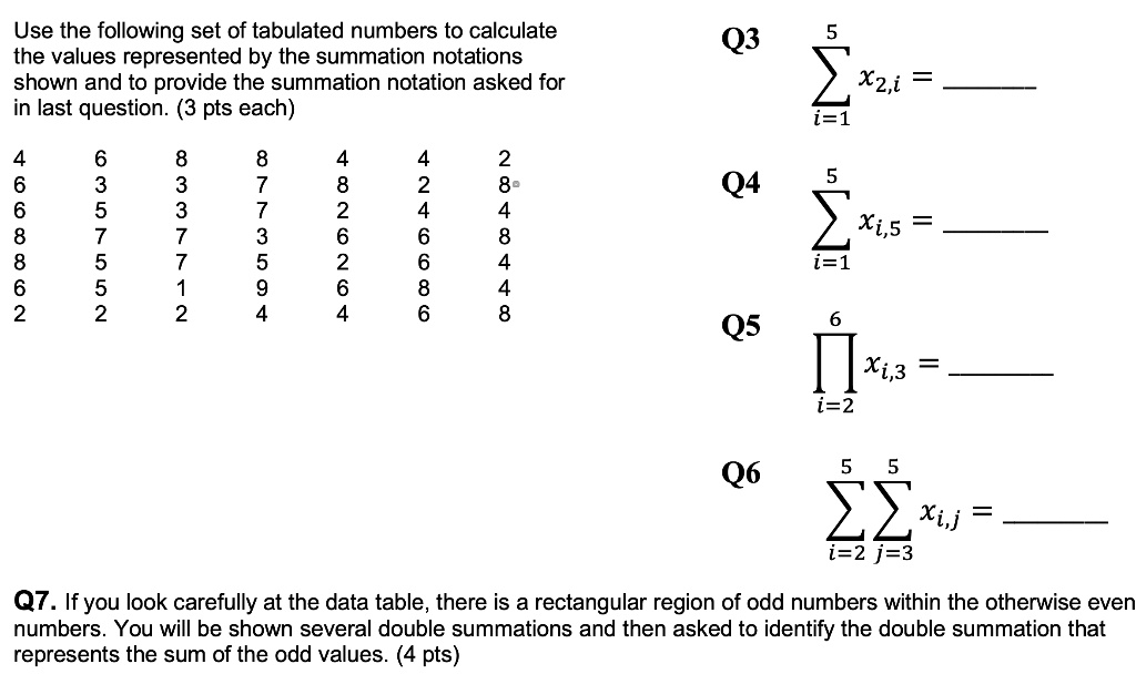use the following set of tabulated numbers to calculate the values represented by the summation ...