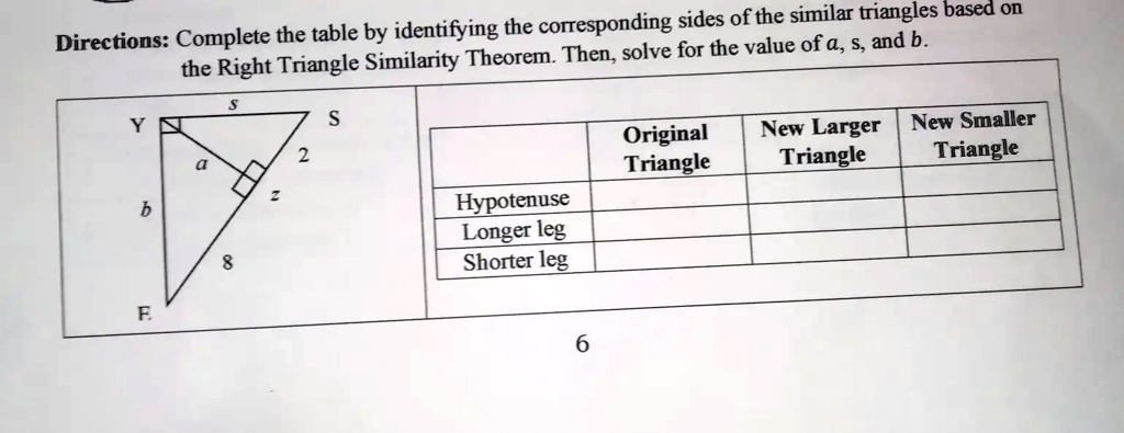 SOLVED: the corresponding sides of the similar triangles based on Directions: Complete the table ...